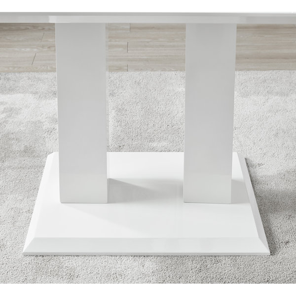 East Urban Home Eubanks High Gloss Double Pillar Dining Table Set with 4 Luxury Faux Leather ...